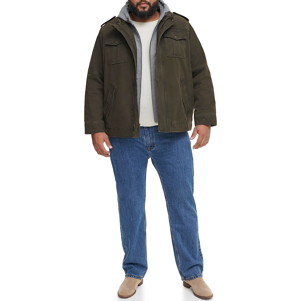 Levi's Men's Washed Cotton Hooded Military Jacket (Regular & Big & Tall Sizes), Olive/Sherpa Lined, 3X