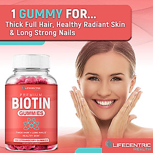 Biotin Gummies for Hair Growth | Max Strength Biotin 10000mcg Prevents Thinning and Loss | Chewable Biotin Supplement For Women Men and Kids | 100 Count Vegan Hair Gummies for Hair Skin and Nails