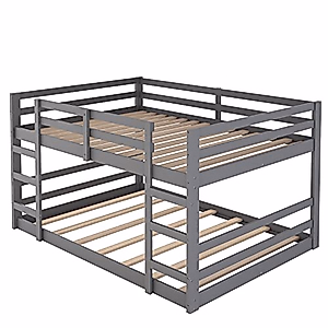 Bunk Beds Full Over Full Low Bunk Bed Frame Wood Floor Bunkbed for Kids Toddlers Boys Girls Teens’ Bedroom Dorm, Gray