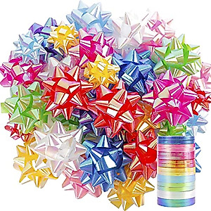 WELTOKE 72 Gift Bows Assortment with 18 Rolls Curling Ribbons, Holiday Bows for Gift Wrapping, Christmas Wrapping Ribbon, Crafting, Wedding, Party, Festival, Florist Flower(9 Rainbow Colors)