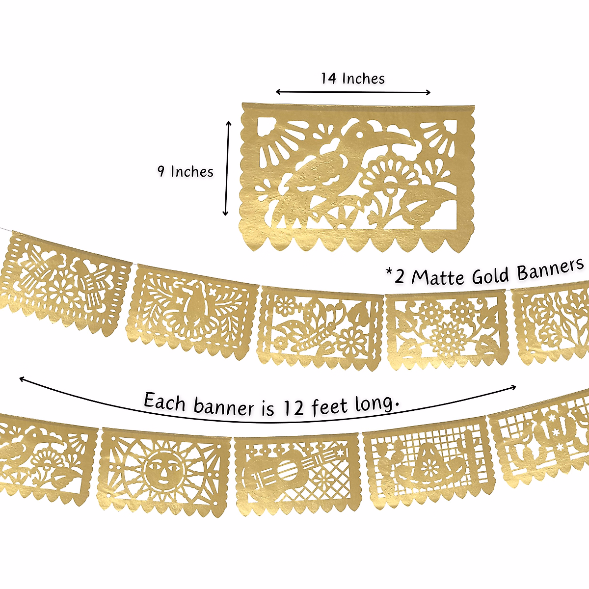 Gold Papel Picado Banner - Matte Gold Papel PicadoTissue Paper Banner for fiestas, weddings, bridal shower, engagement, baby shower, birthdays 2 pack/12ft long each)/ Not plastic