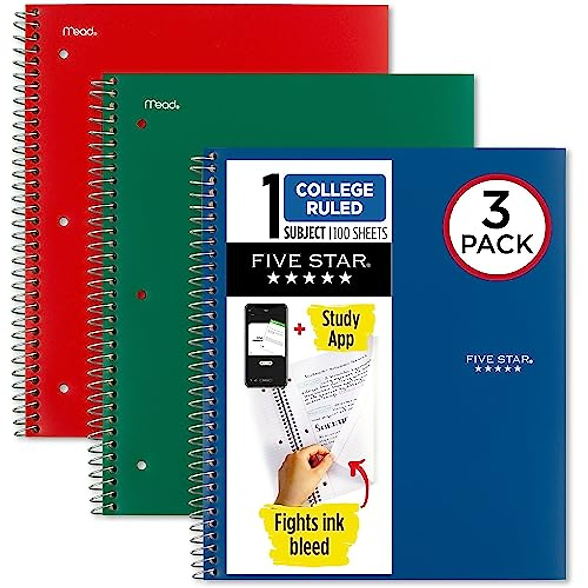 Five Star Spiral Notebooks + Study App, 3 Pack, 1-Subject, College Ruled Paper, 200 Sheets, 11" x 8-1/2", Forest Green, Fire Red, Pacific Blue (820189-ECM)