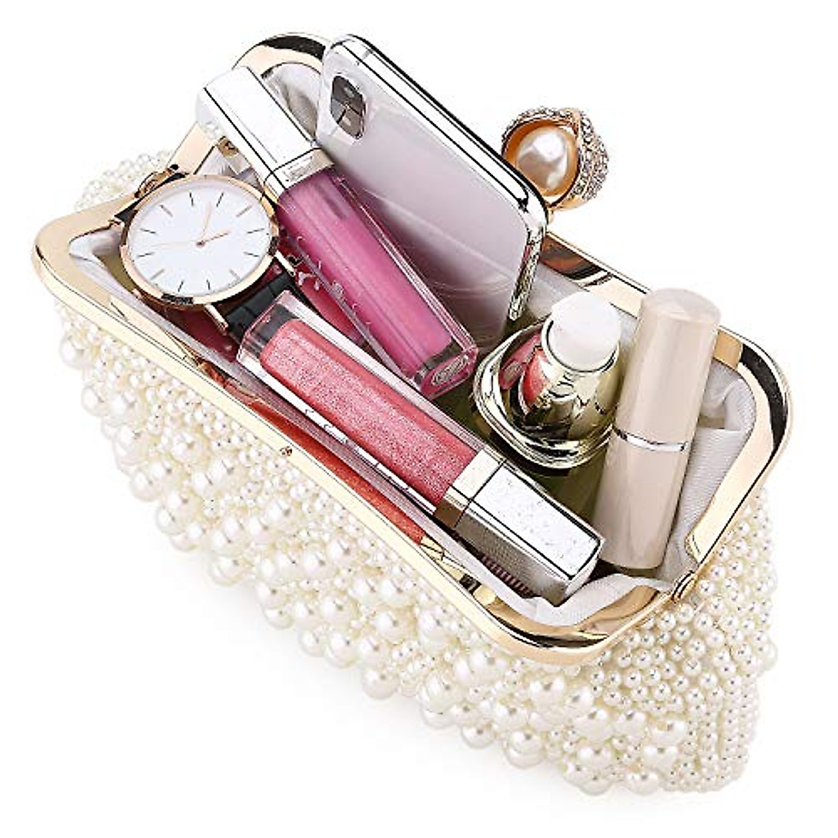 UBORSE Women Pearl Clutch Bead Rhinestone Evening Clutch Bag with removable Pearl Chain Ivory White