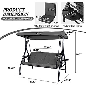 GARTOO 3-Seat Outdoor Large Porch Swing with Converting Canopy, Patio Hammock Lounge Swing Chair for Porch, Backyard, Poolside, Adjustable Shade & Removable Cushions(Gray)