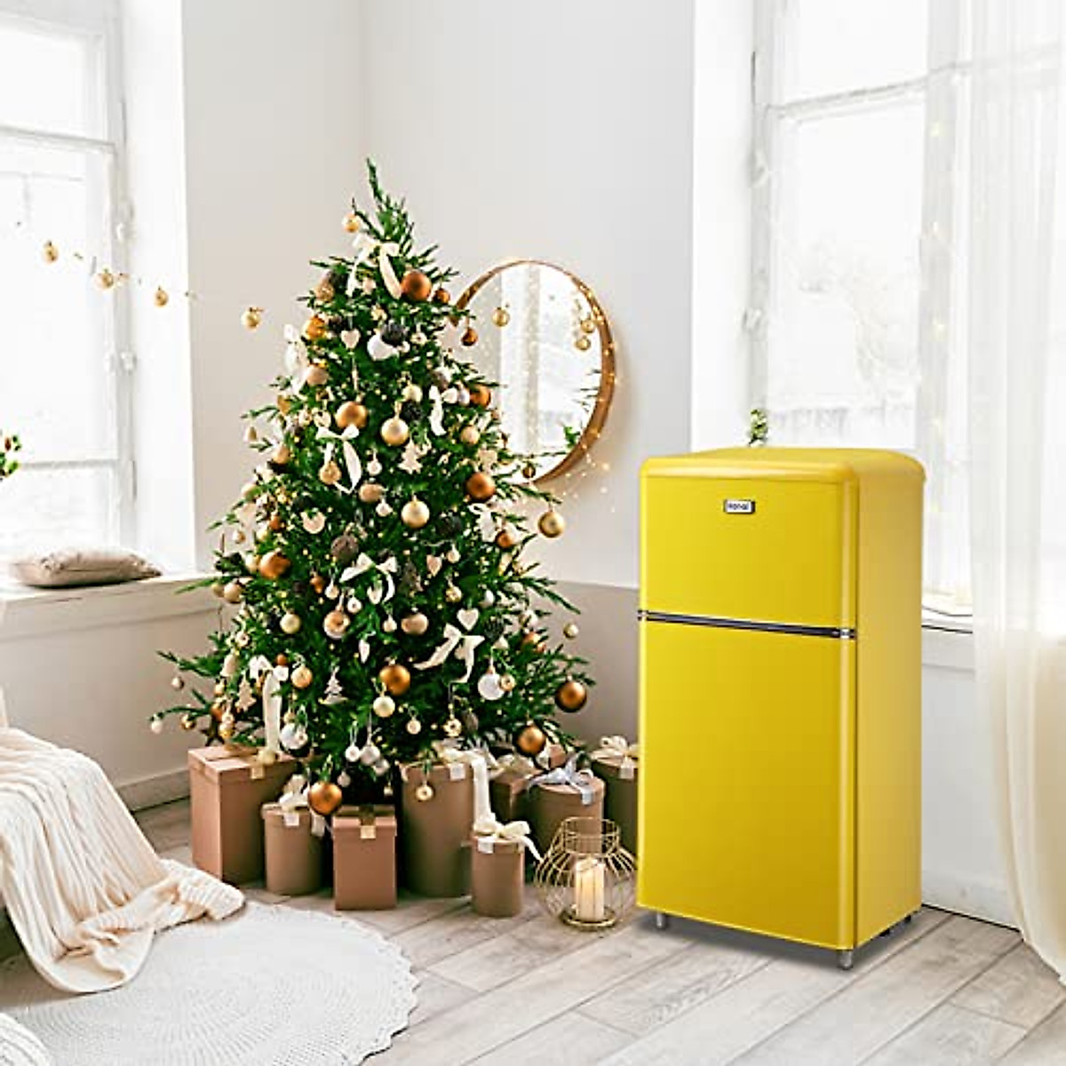 WANAI Compact Mini Refrigerator 3.2 Cu.Ft Small Refrigerator with Freezer, Retro Mini Fridge with Dual Door,7 Adjustable Thermostat, Adjustable Shelves For Dorm, Office Bedroom, Yellow