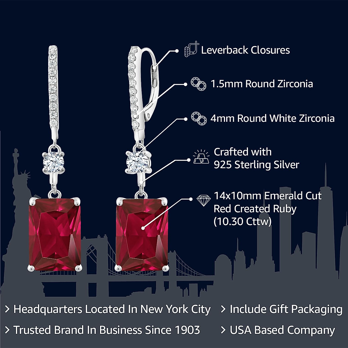 Gem Stone King 925 Sterling Silver Red Created Ruby Dangle Earrings For Women (10.30 Cttw, Emerald Cut 14X10MM)