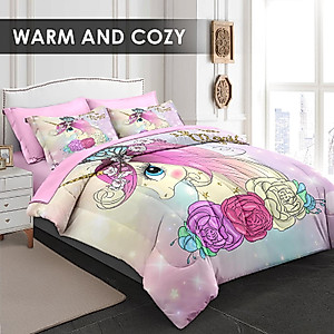 WeCozy 7 Pcs Full Size Comforter Set with 2 Pillowcases & 2 Shams, Cute Unicorn Butterfly Bedding Set for Kids and Adults, Princess Flower Horse Bed in a Bag with Flat Sheet and Fitted Sheet