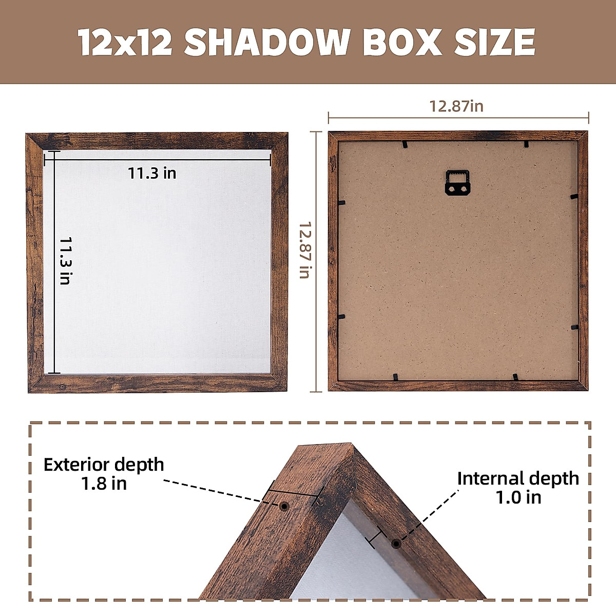 Muzilife 12x12 Shadow Box Picture Frame with Linen Board - Deep Wood & Glass Display Case to Hang Memory Box Baby Sports Memorabilia, Pins, Awards, Medals, Wedding, Tickets and Photos, Rustic Brown