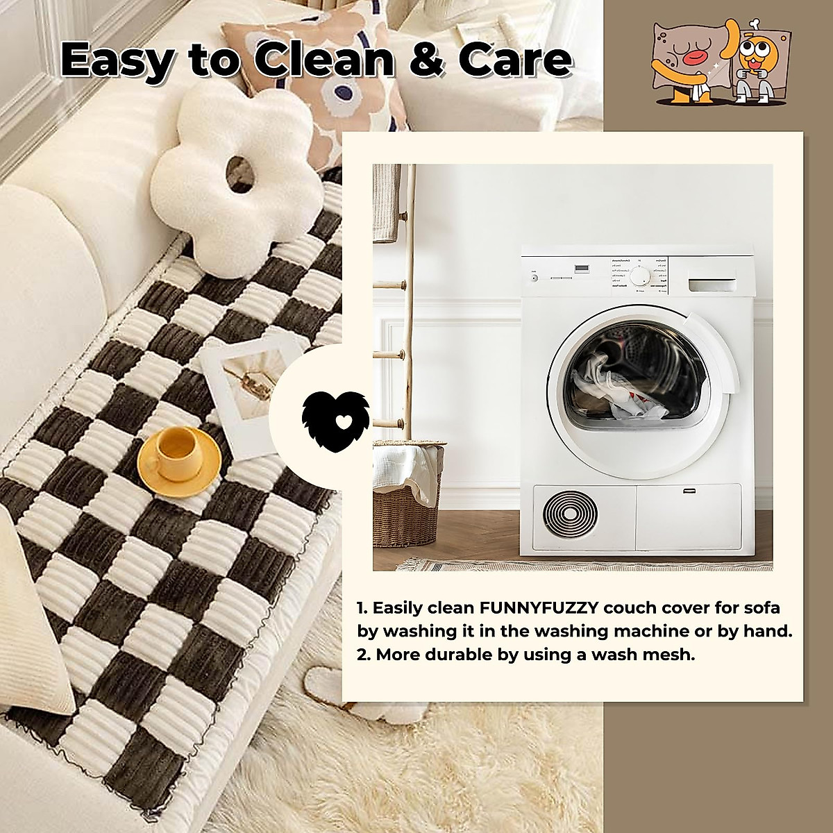 FUNNY FUZZY Couch Covers for Sofa, Pet Mat Bed Couch Cover Washable Pet Bed Cover Cream-Colored Large Plaid Square Protective Furniture Sofa Cover, 27.6"×59.1"