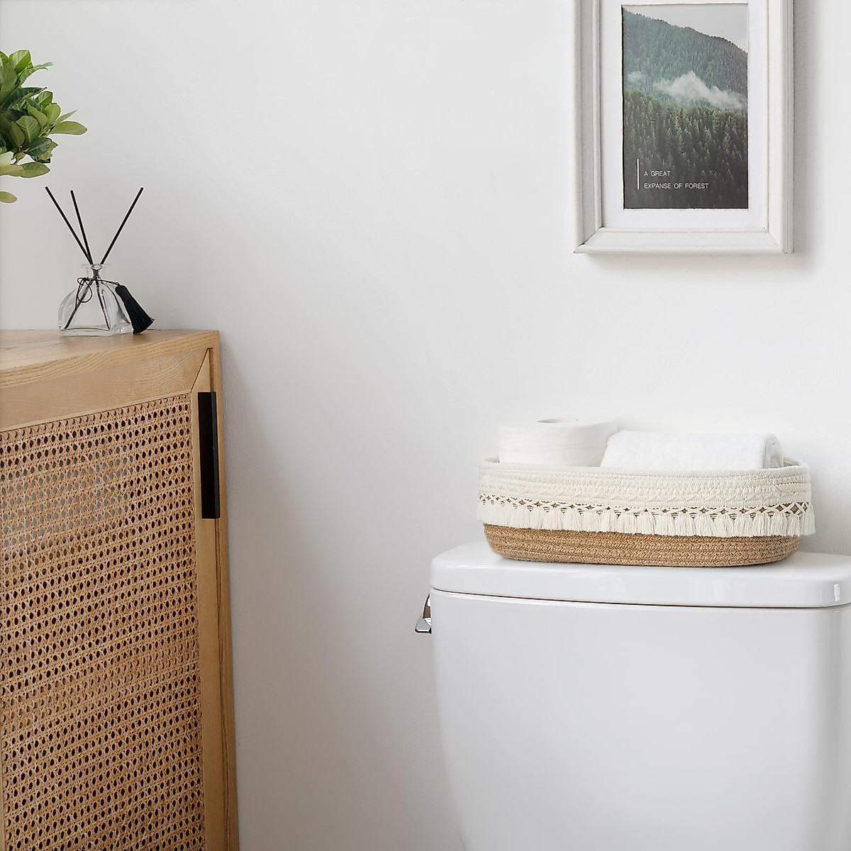 Dahey Woven Basket Macrame Storage Basket for Toilet Tank Top Boho Decor Toilet Paper Basket for Bathroom Organizing, Toilet Tank Tray for Counter Table Bedroom Living Room Nursery, Brown