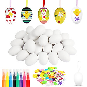 CCINEE Plastic DIY Easter Eggs Set, 30pcs White Egg Ornaments with Rope 8pcs Colored Pens and 80pcs Foam Stickers for Kids Easter Crafts Party Supply