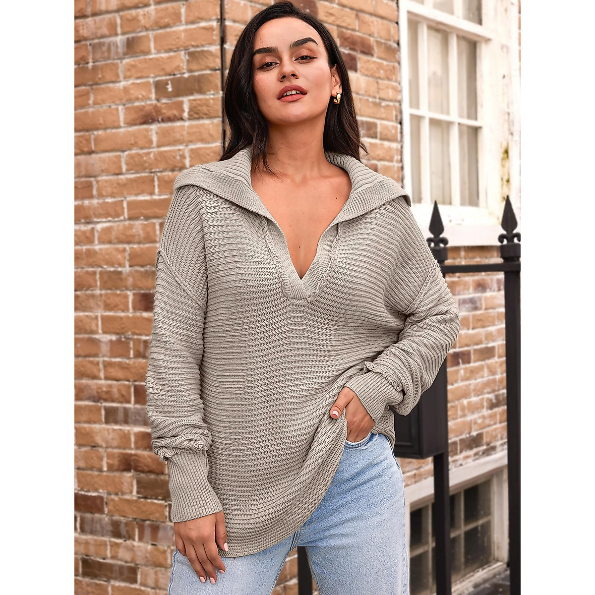 EFAN Women's Oversized V Neck Sweaters 2023 Long Sleeve Collared Tunic Batwing Knitted Pullover Sweater Apricot
