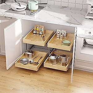 Sikarou Wood Pull Out Cabinet Organizer 2 Tie 26" W x 21" D, Heavy-Duty Sliding Drawers for Inside Cabinets Storage and Organization for Kitchen, Pantry, Bathroom