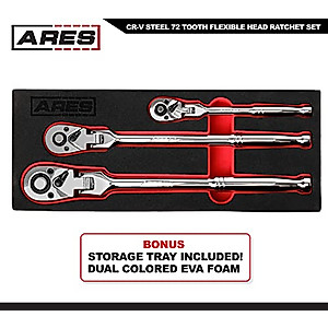 ARES 42028-3-Piece 72-Tooth Flex Head Ratchet Set - Premium Chrome Vanadium Steel Construction & Chrome Plated Finish - 72-Tooth Quick Release Reversible Design with 5 Degree Swing