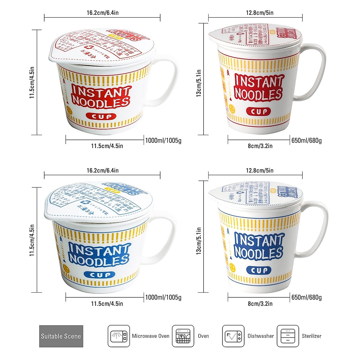 Hanghaijia Instant Noodle Bowl Ceramic with Cover, Creative Ramen Soup Bowl Mug Cover Student Lunch Box Bowl (Color : Red, Size : S)