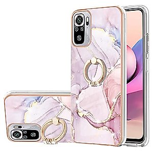 Dinglijia for Redmi Note 10 4G Case, Note 10S Case, Soft TPU + IMD Marble Pattern Shiny Ring Kickstand Case for Girls and Women, Camera and Screen Protection Case for Redmi Note 10 4G BKZH Rose Gold
