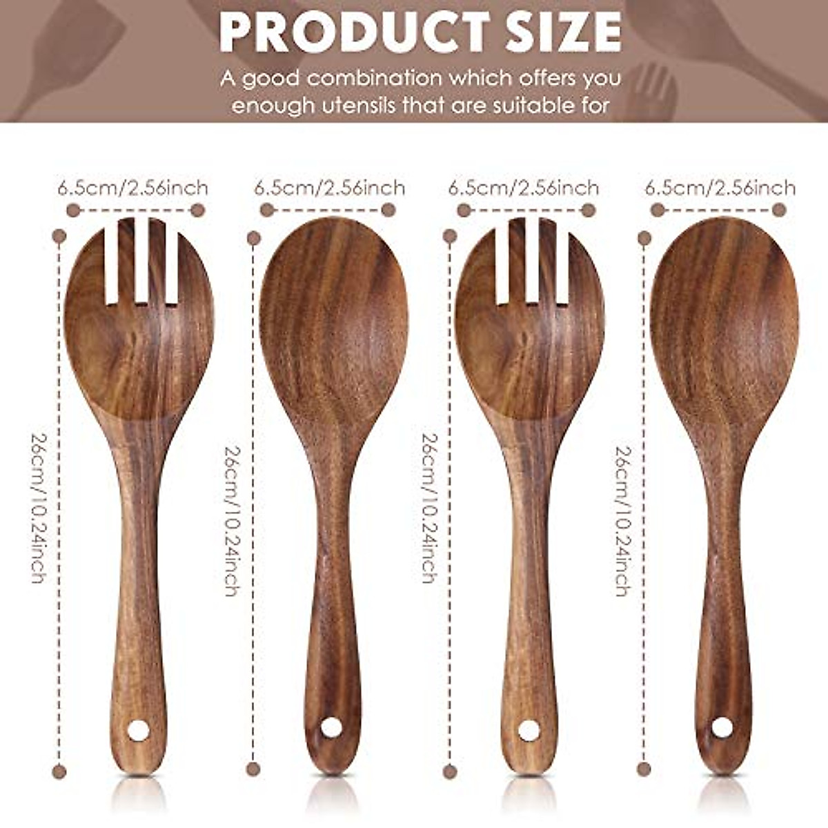 4 Pieces 10.2 Inch Wood Salad Spoons Salad Servers Wooden Serving Spoons and Long Wood Serving Forks Non-Stick Teak Wooden Salad Server Tools for Kitchen Restaurant Salad Gravies Pasta, Easy to Clean
