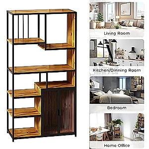 Industrial Bookshelf 69 Inch Tall Etagere Bookcase, Display Shelf with Open Storage Shelves and Right Side Cabinet, Modern Bookcases with Metal Frame for Home Office Living Room and Bedroom, Right
