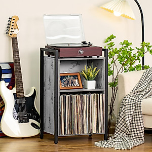 LELELINKY Record Player Stand, Industrial 2 Tier Vinyl Record Storage Cabinet with Steel Frame, Turntable Stand Holds Up to 100 Albums, Record Holder Table for Music Room, Living Room, Bedroom -Grey
