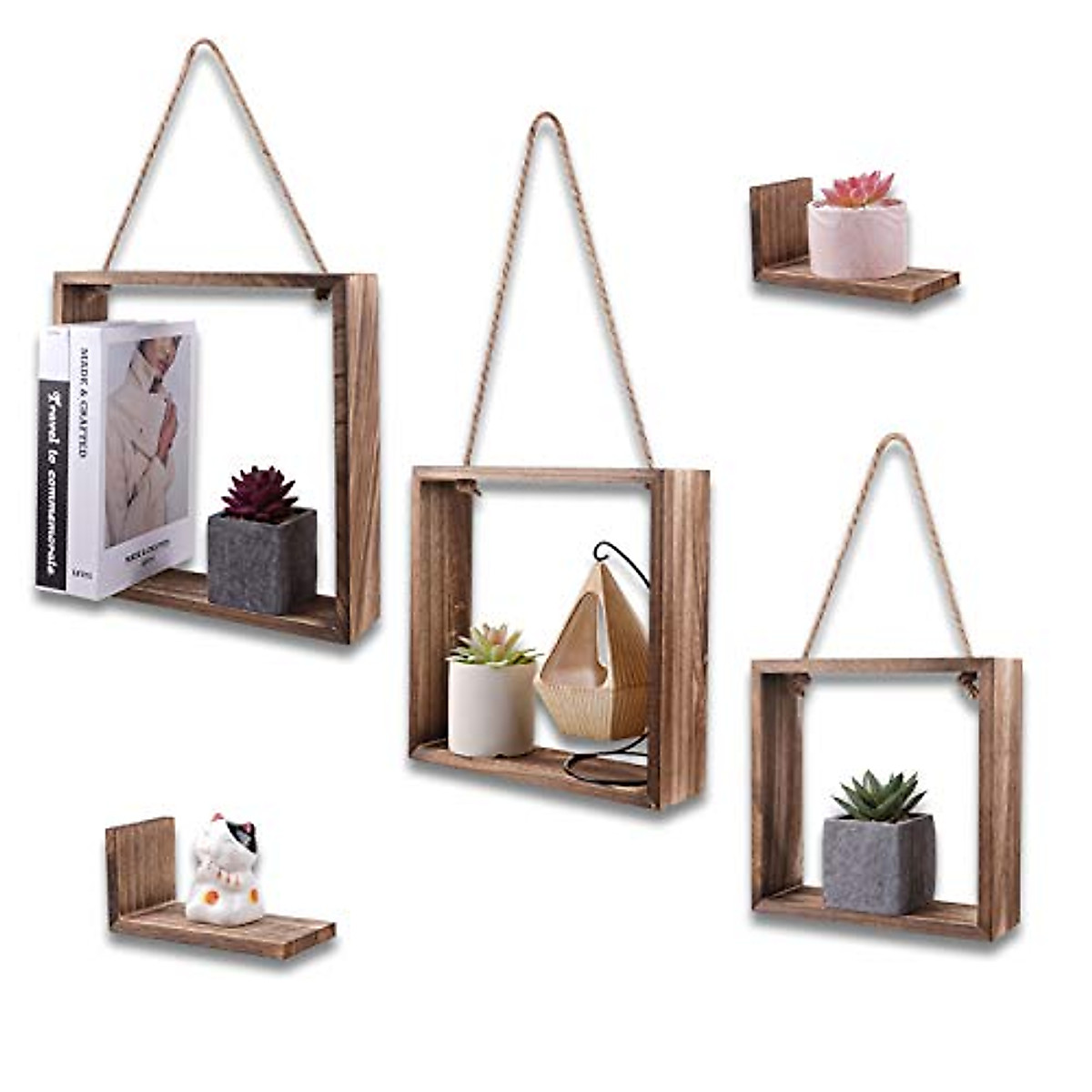 Decoroca Floating Hanging Square Shelves - Set of 5 Wall Mounted Decor Rustic Wood Cube Photo Plant Display Shadow Boxes Decorative Shelf, Home Office Decoractions for Living Room Bedroom, Brown