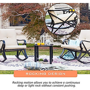 LOKATSE HOME 3-Piece Outdoor Patio Rocking Steel Furniture Bistro Set with 2 Rocker and 1 Metal Square Coffee Table(Khaki Thickened Cushion)