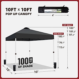 VOYSIGN 10x10 Pop Up Canopy Tent, 100 Sq.Ft of Shade - Portable Outdoor Canopy, Shade Canopy, Party Tent, Included 1 x Rolling Storage Wheeled Bag, 4 x Weight Bags, 4 x Guylines, 8 x Stakes…