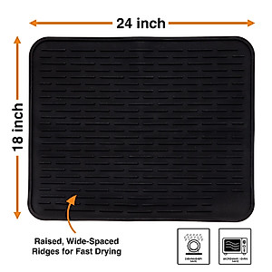 XXL Silicone Dish Drying Mat for Kitchen Counter or Under Sink, 24" x 18" Extra Large, Waterproof Pet Feeding Mat, Dog Food, Water Bowls, Under Drying Racks for Dishes, Coffee Bars, Bar Mats (Black)