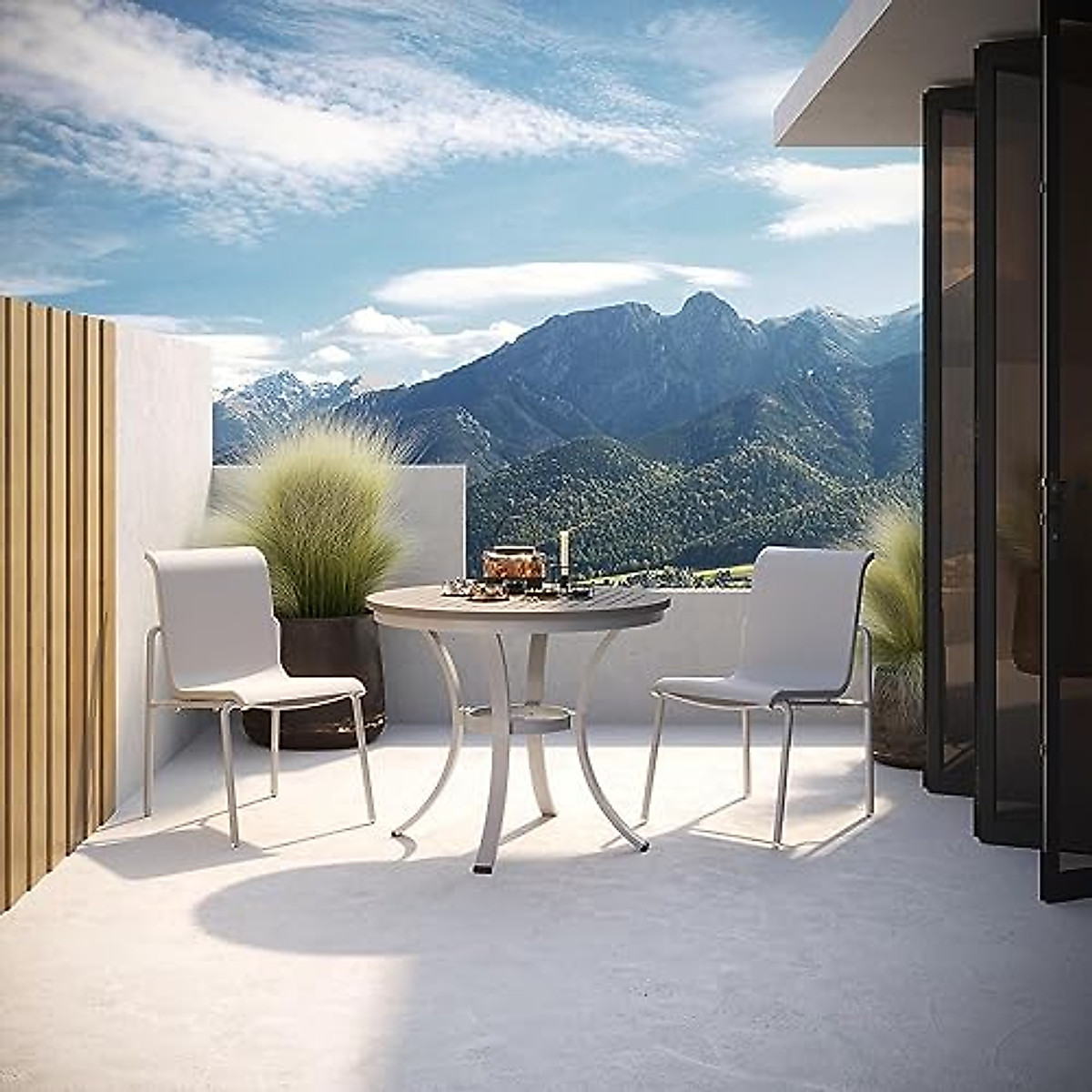 Oxford Garden Orso 3 Pc Soft Sling & Aluminum Side Chair Bistro Set W/Vintage Tekwood Table Top in Flint/Fog