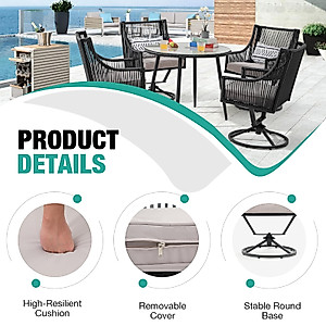 Patiorama Outdoor Swivel Dining Chairs Set of 6, Patio Wicker Dining Chairs, All-Weather Twisted PE Rattan Chairs, Outside Metal Swivel Chair with Cushion for Lawn Garden Backyard, Black/Light Gray