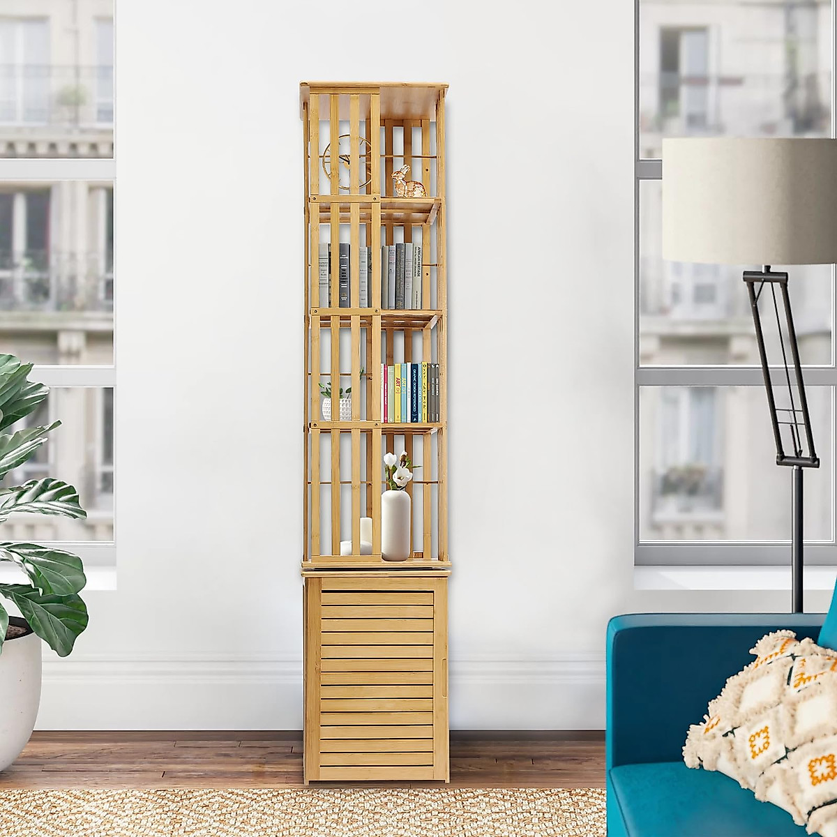Veloqua Bookcase, Bookshelf Corner Bamboo Book Shelf 6-Tier 360° Rotating Storage Display Rack Narrow Bookshelf with Open Design Shelving Used in Office Bedroom Study Living Room Hallway (Burlywood)