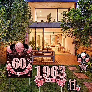 60th Birthday Signs Rose Gold Birthday Party Decorations - 4pcs Happy Birthday Yard Signs with Stakes for Women,60th Birthday Yard & Lawn Decorations,Made in 1963 Funny Bithday Backdrop Party Supplies