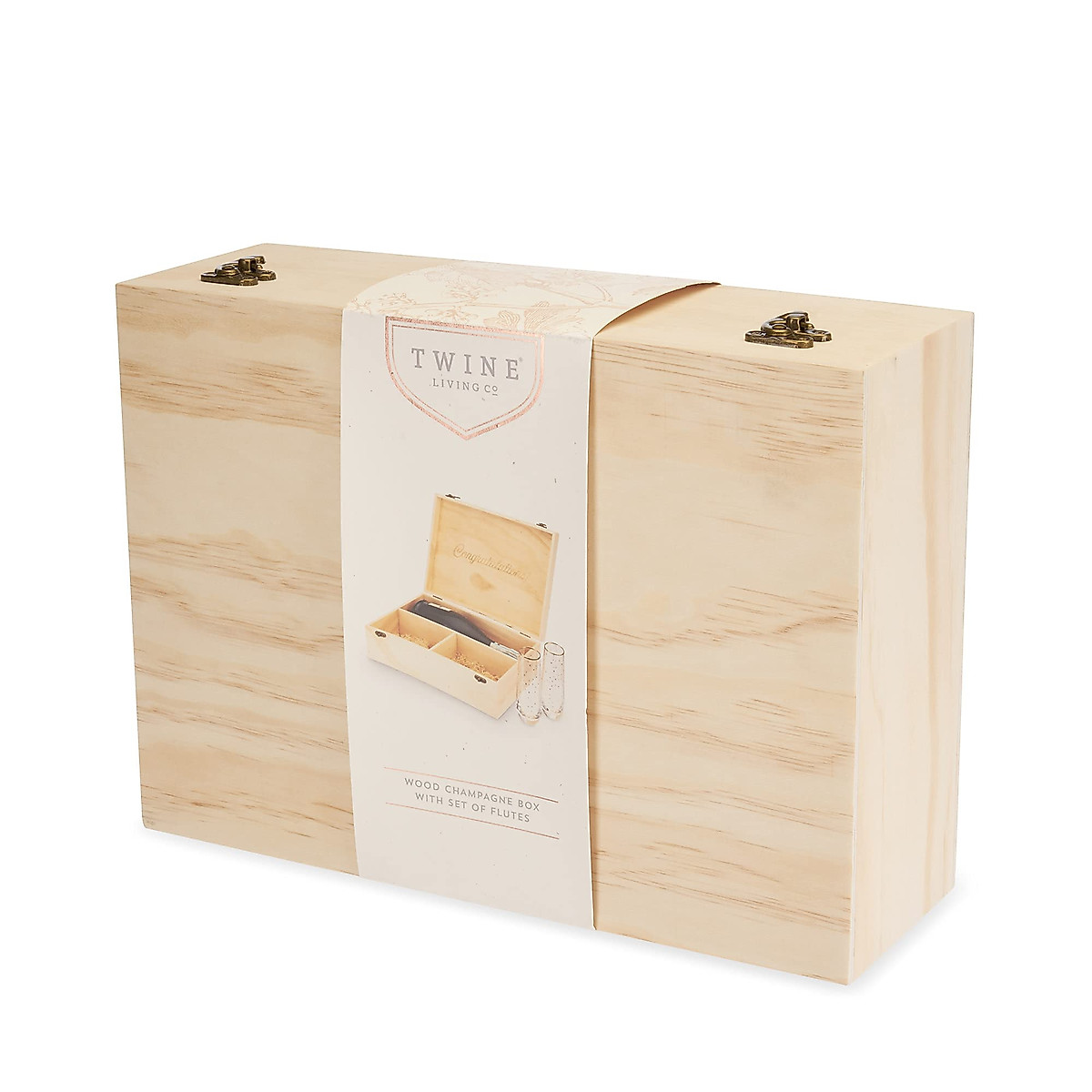 Twine Champagne Bottle Gift Box, Wine Box with Lid and 2 Stemless Champagne Flutes, Packing Straw, Holds 1 Champagne Bottle, Wood
