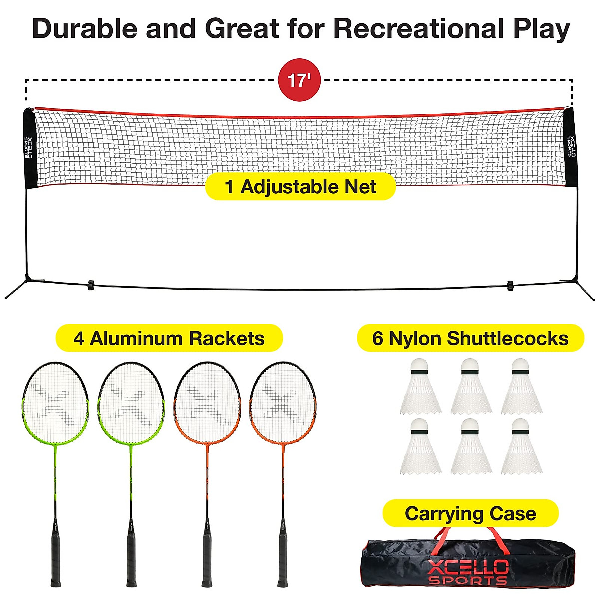 Xcello Sports Complete Badminton Racket Set - Includes 17-Foot Foldable Net, 4 Rackets, 6 Shuttlecocks, and Carry Bag