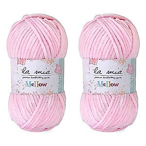 2 Skein La Mia Mellow Velvet Chenille Yarn for Knitting and Crocheting Baby Clothes, Blankets and Accessories, 100% Polyester, 100 gr (3.5 oz) / 115 m (125 Yards), Super Bulky, Pink - 904
