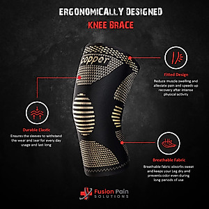 Fusion Pain Solutions Copper Knee Compression Brace For Arthritis Pain And Support, Sports, Knee Pain Relief, Swelling, Workout- Single (Medium)