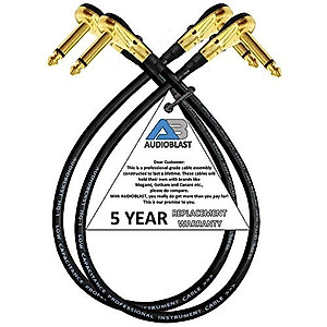 2 Units - 30 Inch - Audioblast - HQ-1 - Ultra Flexible - Dual Shielded (100%) - Instrument Effects Pedal Patch Cable w/Low-Profile, R/A Gold Pancake TS (6.35mm) Plugs & Dual Staggered Boots