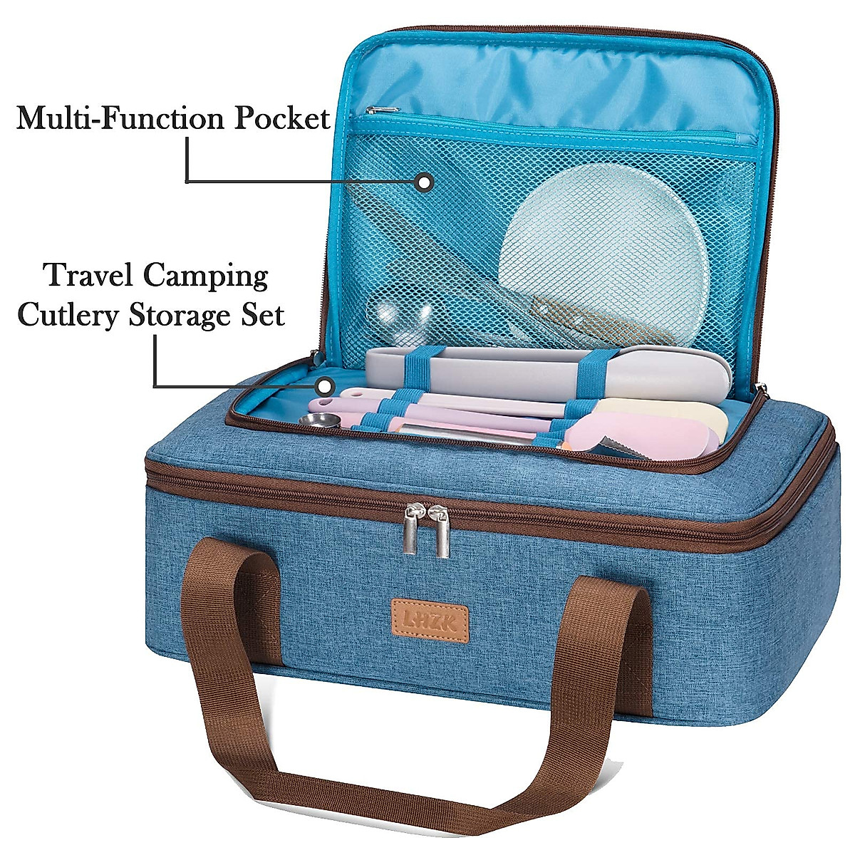 LHZK Double Decker Insulated Casserole Carrier for Hot or Cold Food, Expandable Hot Food Carrier, Lasagna Holder Tote for Potluck Parties, Picnic, Beach, Fits 11 x 15 or 9 x 13 Baking Dish (Blue)