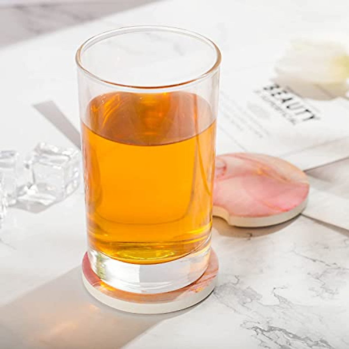 AREAJD 2 Pack Pink Ceramic Car Coasters for Drinks Absorbent 2.56 Inch, Marble/Mandala Car Cup Holder Coaster for Women with Removable Finger Notch, Cute Auto Natural Life Accessories