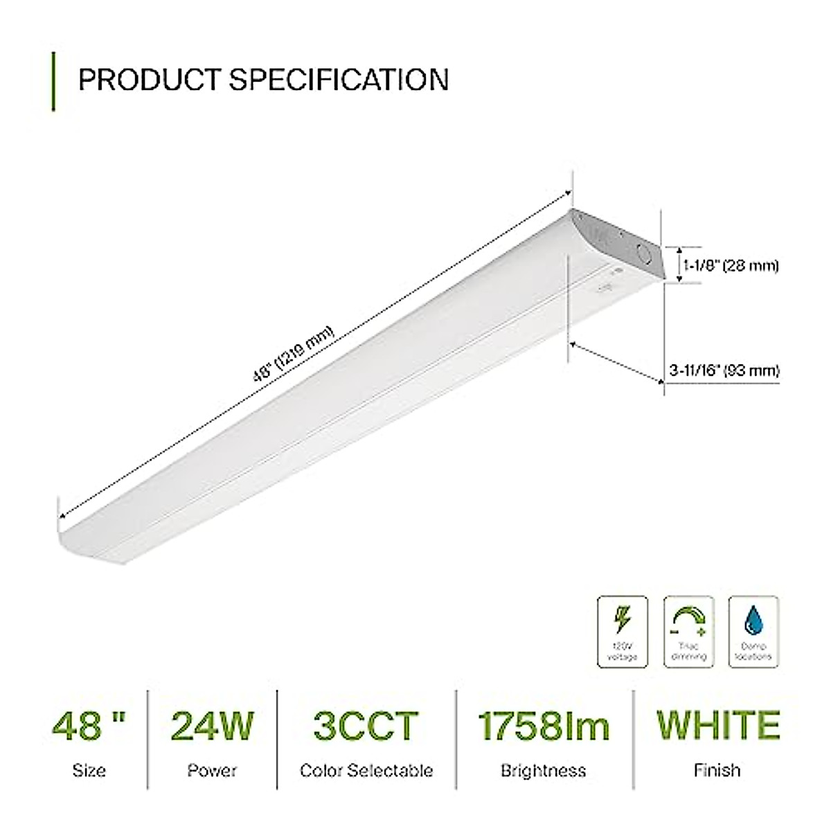 ASD LED Under Cabinet Lighting, 48 inch 24W 1758 LM, Dimmable Hardwired Under Cabinet Lights for Kitchen, 3000K Soft/4000K Cool/5000K Daylight, Under Counter Light Fixtures, ETL Energy Star White