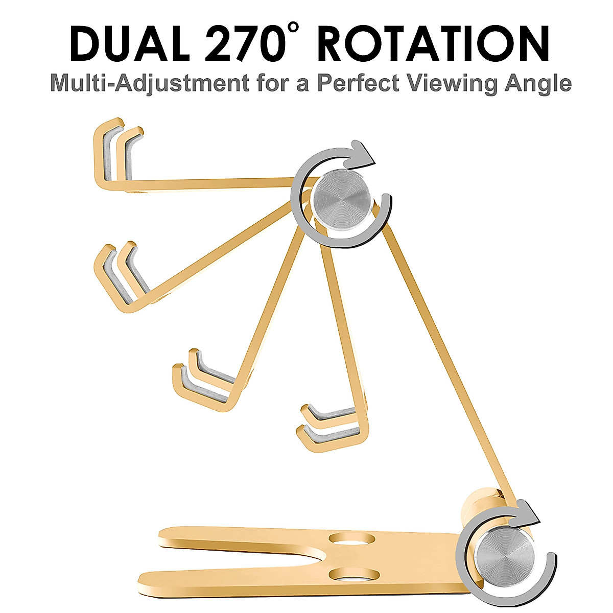 Pokanic Cell Phone Tablet Fully Foldable Stand Dock Holder Cradle Mount Organizer Charger Station Table Desk Bed Office School Kitchen Travel Portable Adjustable Multi-Angle Aluminum (Gold)