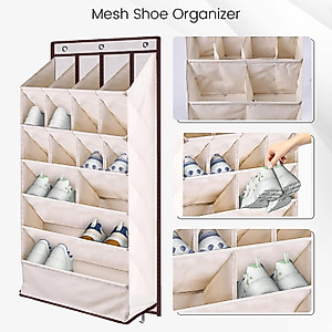 HAKACC Large Over the Door Shoe Organizer,Shoe Holder with Large Pockets Shoe Rack Hanging Shoe Organizer Beige for Closet Home