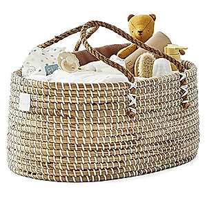 BEBE BASK Baby Diaper Caddy Organizer - Handmade Organic Seagrass - Luxury Diaper Caddy Basket - Cute Diaper Caddy for Baby Girl & Diaper Caddy for Baby Boy - Cream White (Natural)