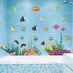 Sea Life Wall Stickers Under The Sea Fish Wall Decor, DILIBRA Sea World Removable Peel and Stick Waterproof DIY Art Wall Decals for Kids Room Nursery Living Room Bathroom Playroom (Sea Life 2)