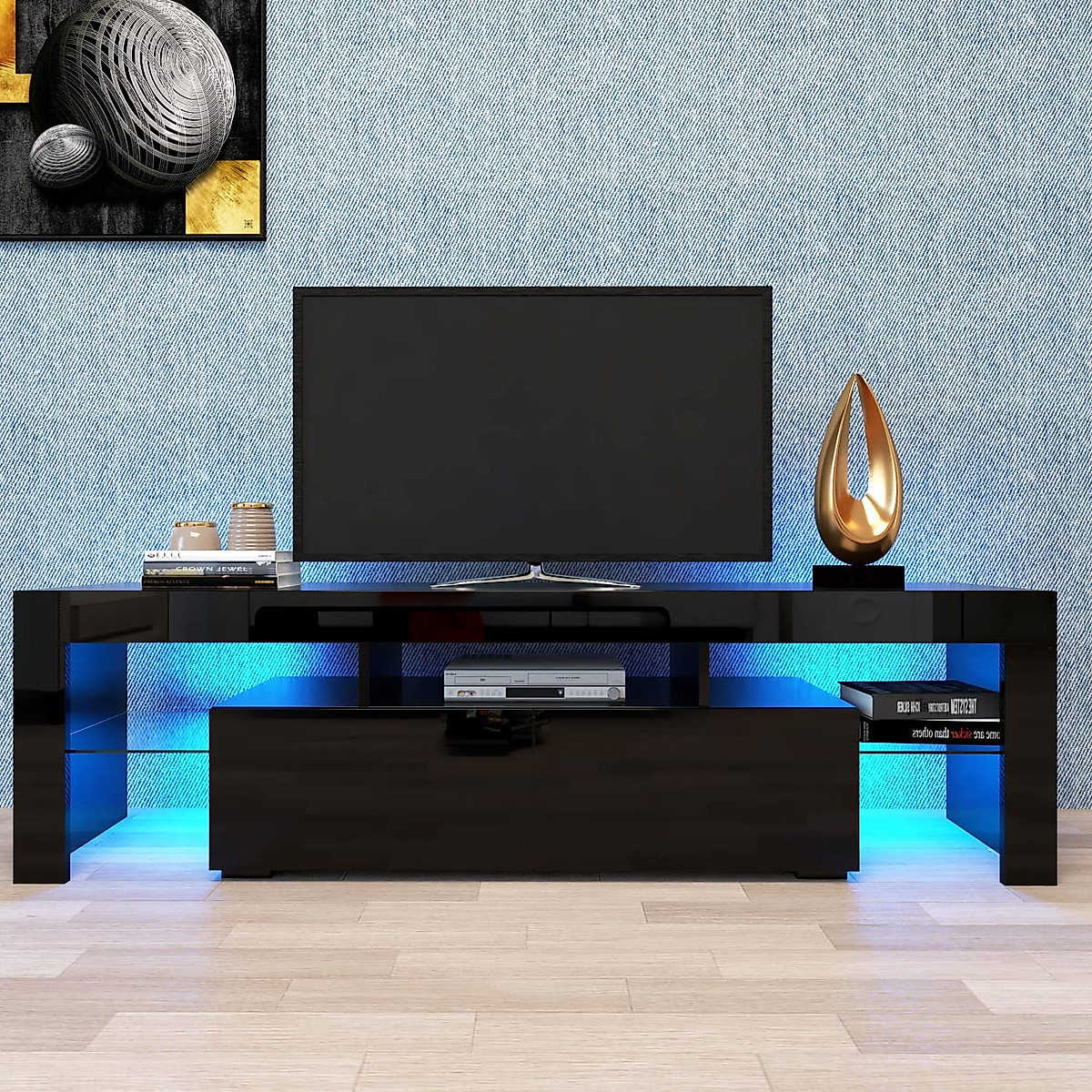 Black TV Stand LED TV Stand for 55 inch TV High Glossy Front Entertainment Center Modern TV Stands with Storage for Living Room,Bedroom