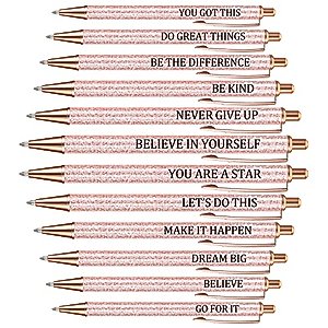 12 Pcs Quotes Sparkly Fancy Pen Inspirational Rose Gold Glitter Ballpoint Pen with Motivational Messages Pretty Cute Pens Metal Inspirational Pen Set Black Ink Pens Writing Pens (Inspirational Style)