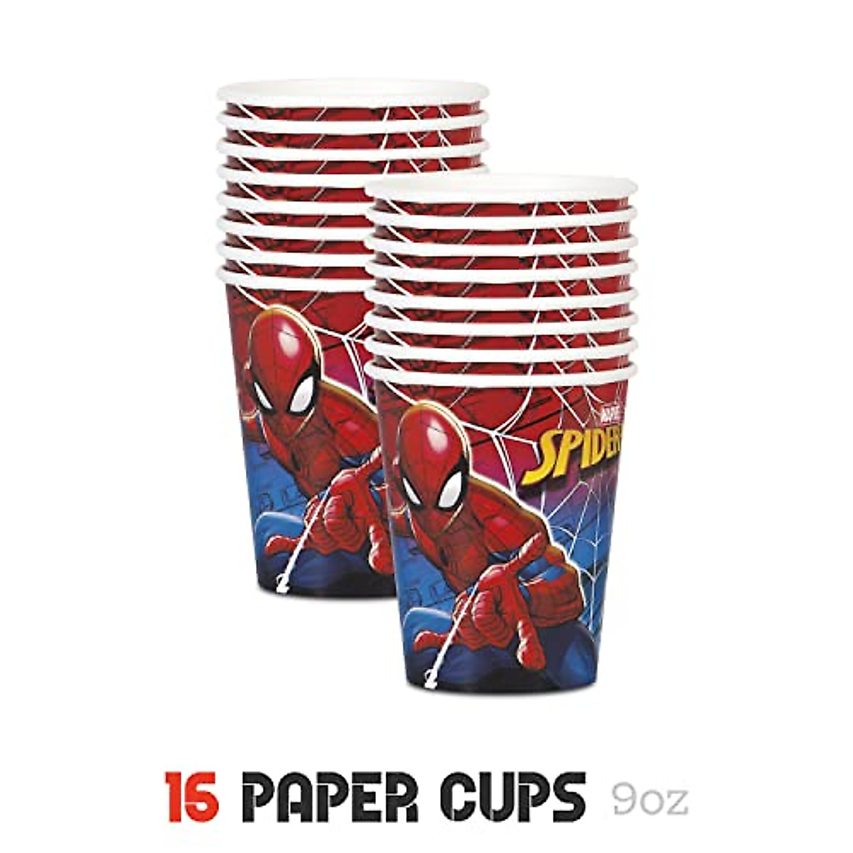 Spiderman Party Supplies | Spiderman Birthday Party Supplies | Spiderman Plates, Birthday Napkins, Paper Cups, Spiderman Tablecloth, Spiderman Birthday Banner | Marvel Superhero Birthday Party Supplies Serves 16