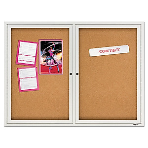 Quartet Cork Bulletin Board, 2 Glass Doors, Enclosed, 4' x 3', Outdoor Message Board, Aluminum Frame (2124)