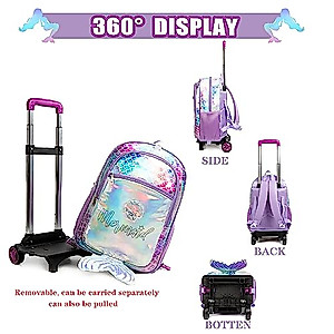 Oruiji Mermaid Rolling Backpack for Girls Backpack with Wheels for Elementary Girls with Lunch Box Wheeled Trolley Suitcase Travel Luggage