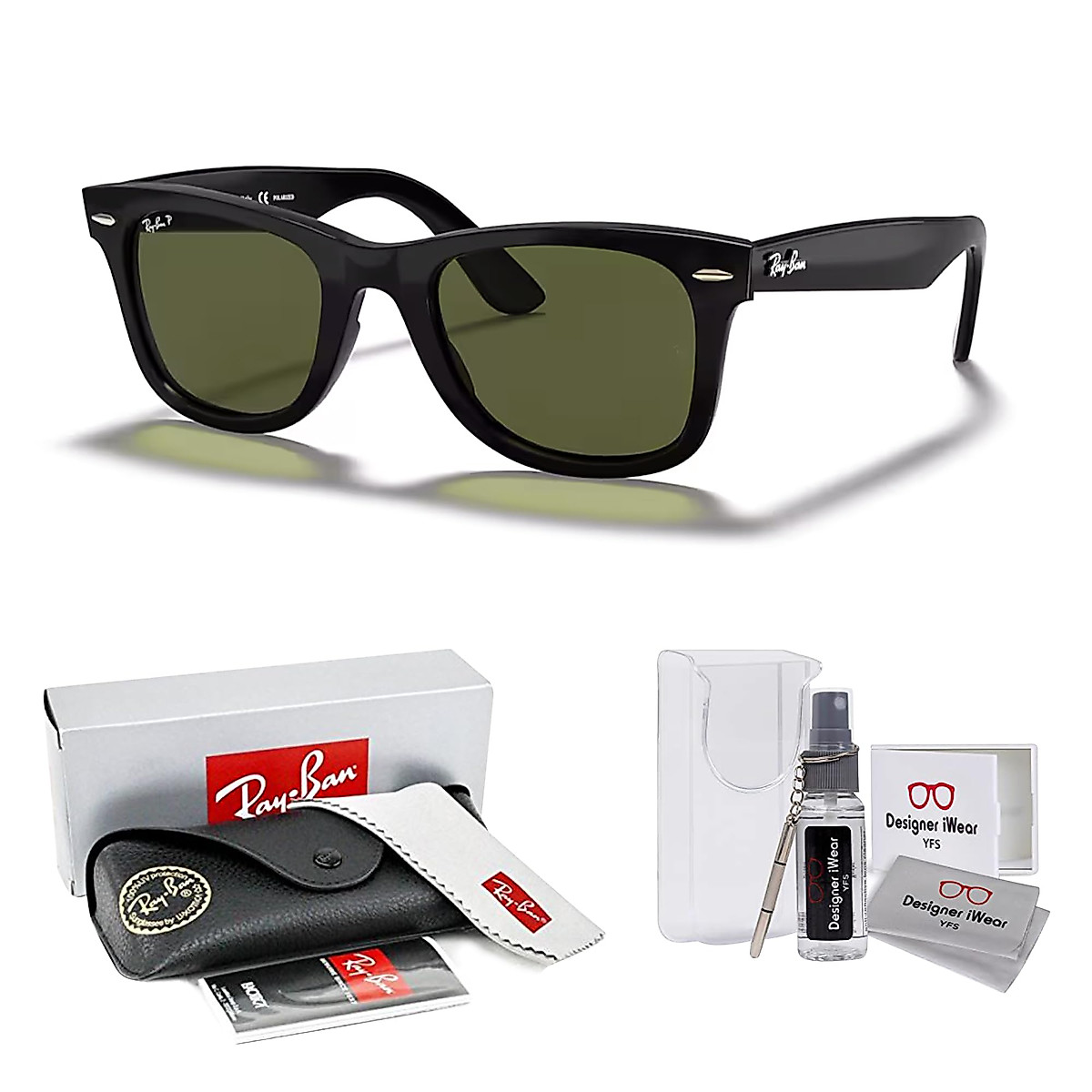 Ray-Ban RB4340 Wayfarer Ease 601/58 50MM Black/Crystal Lens G-15 Green Polarized Sunglasses For Men For Women + Bundle with Designer iWear Eyewear Kit