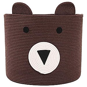 Bear Basket, Animal Basket, Large Cotton Rope Basket, Large Storage Basket, Woven Laundry Hamper, Toy Storage Bin, for Kids Toys Clothes in Bedroom, Baby Nursery, Dark Brown 18"x15"